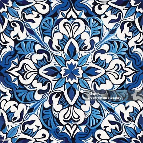 레트로 Azulejo 모자이크 타일 빈티지 포르투갈어 벽 세라믹 원활한 패턴 오래 된 파란색 타일 배경 가정 생활에 대한 스톡