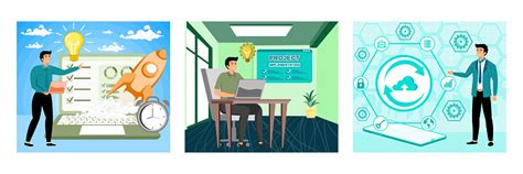 로켓 발사 및 성장 요소 프로젝트 구현 작업을 하는 Office Professional 클라우드 컴퓨팅과 디지털 트랜스포메이션을 제시하는 사업가 플랫 벡터 현대 일러스트