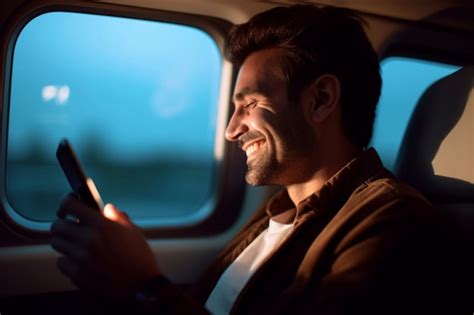Homem Feliz A Usar Telemóvel No Banco De Trás Do Carro Imagem Premium