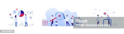 예방 접종 및 바이러스 연구 개념 벡터 플랫 피플 일러스트레이션 세트입니다 빨간색 쉴드 기호입니다 과학자 연구의 남성과 여성 팀