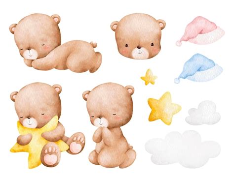 아기 테디 베어의 수채화 일러스트 세트 프리미엄 벡터