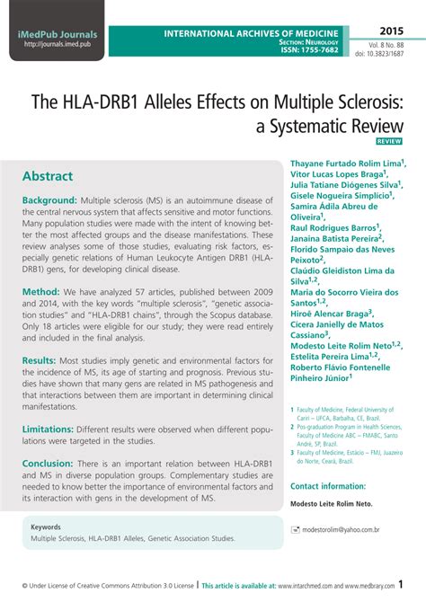 Pdf The Hla Drb1 Alleles Effects On Multiple Sclerosis A Systematic