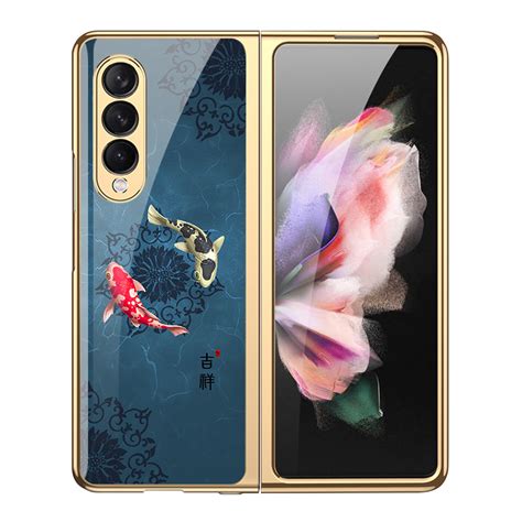 适用于三星w22手机壳折叠屏galaxyfold3保护壳锦鲤国风全包电镀玻璃个性外壳高端w2022保护壳奢华男虎窝淘