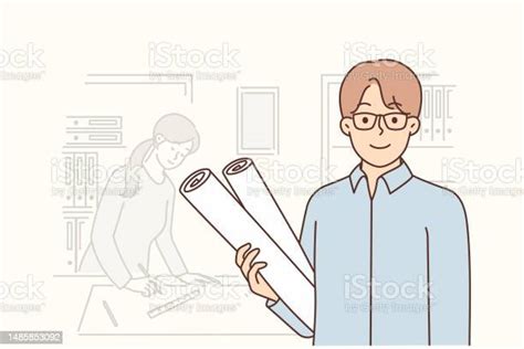 남자 건축가는 건설 서비스를 광고하기 위해 손에 그림을 들고 사무실에 서 있다 개념에 대한 스톡 벡터 아트 및 기타 이미지