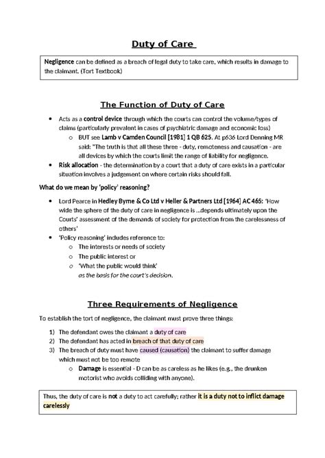 Duty Of Care Lecture Notes On Duty Of Care Duty Of Care The