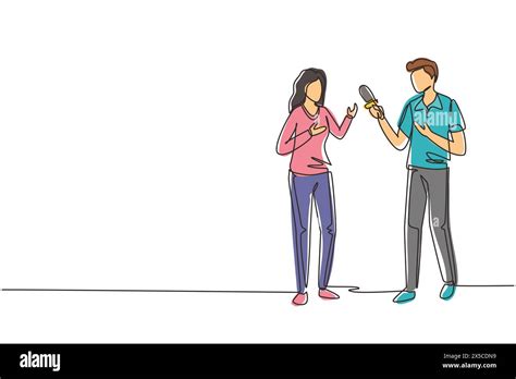 Single One Line Drawing Male Tv Reporter Interviewing Questions Man Holding An Interview With