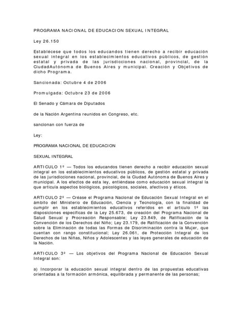 Ley 26150 Lineamientos Curriculares Sobre Sexualidad En La Escuela
