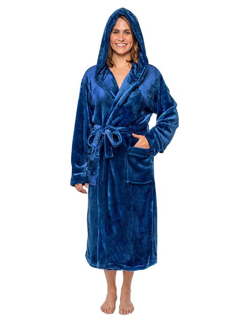 Pavilia Women Fleece Robe With Hood Satin Trim Luxurious Soft Plush Bathrobe Blue S M