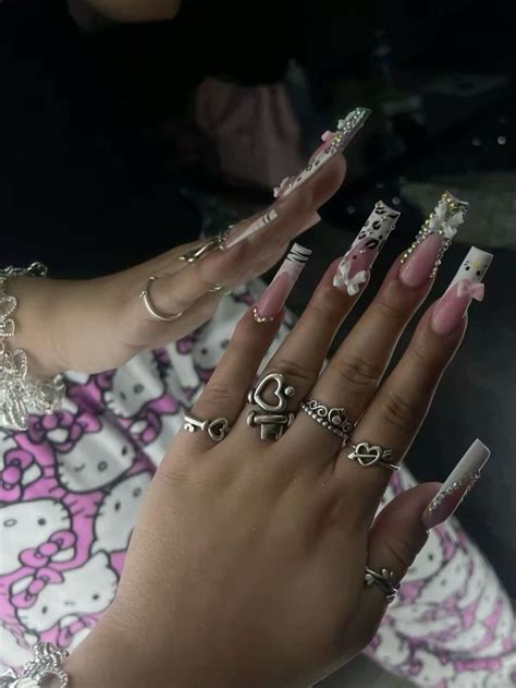 Hello Kitty Nail Inspo In 2024 Long Acrylic Nails Colored Acrylic