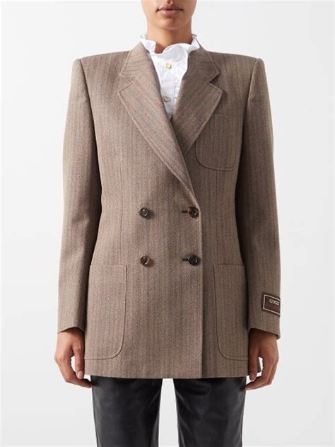 Gucci Double Breasted Herringbone Wool Blend Blazer Brown Shopstyle