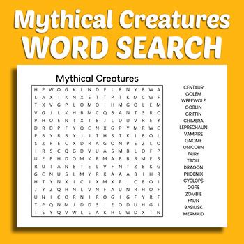 Mythical Creatures Word Search Puzzle Worksheet Printable TPT