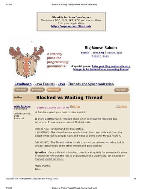 blocked vs waiting thread threads forum at javaranch pdf