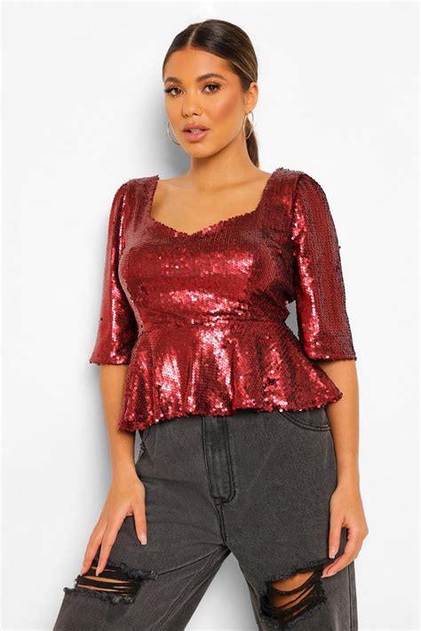 Red Sequin Sweetheart Peplum Top Boohoo Uk