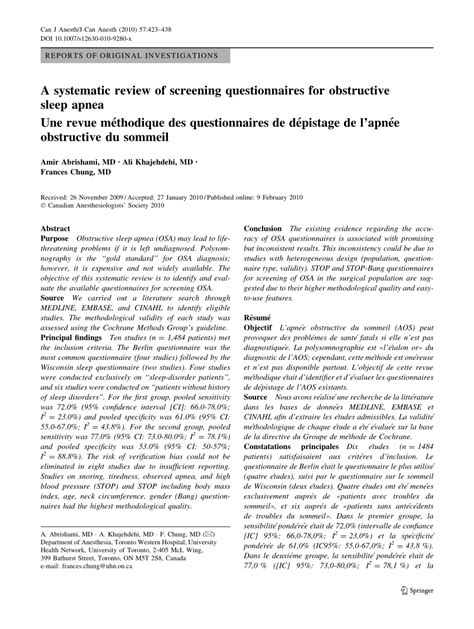Pdf A Systematic Review Of Screening Questionnaires For Obstructive