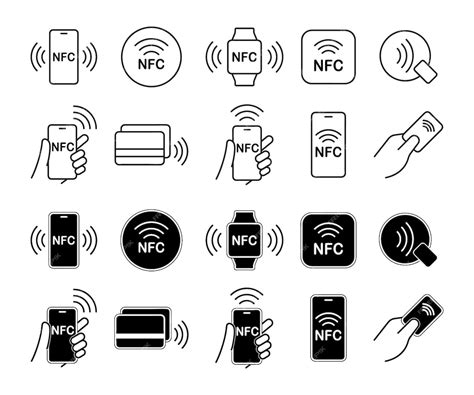 Nfc 상자 세트 비접촉 무선 지불 상자 로고 앱용 Nfc 결제 상자 비접촉 Nfc 지불 상자 스마트폰 아이콘과 함께 Nfc 결제 터 일러스트레이션 프리미엄 벡터