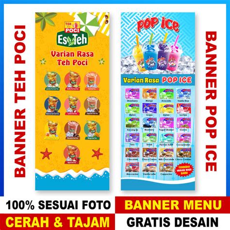 BANNER SPANDUK MENU TEH POCI POP ICE VARIAN RASA UKURAN 60X160 CM
