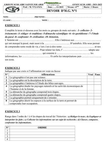 Devoir Histoire Géographie Niveau 6ème 2021 2022