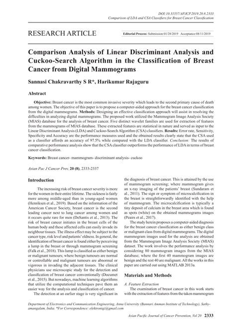 Pdf Comparison Analysis Of Linear Discriminant Analysis And Cuckoo Search Algorithm In The