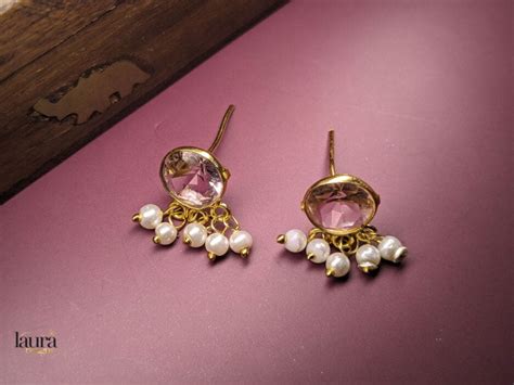 Jenny Pink Earring With Pearl Hangings Laura Designs™ India