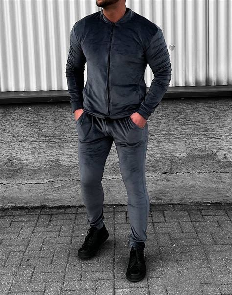 Grey Velour Tracksuit For Men Matching Loungewear Trousers And Jumper