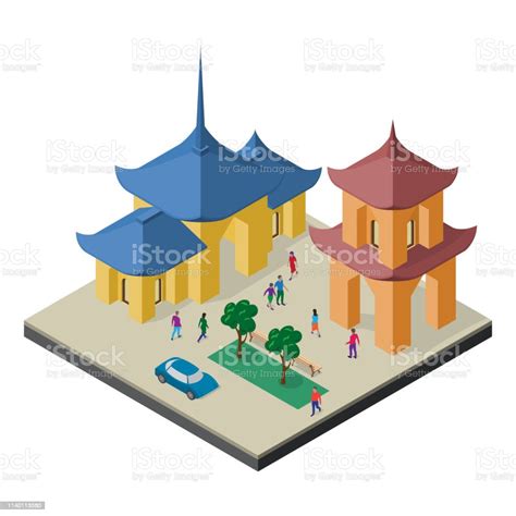 아이소메트릭 동아시아 도시 풍경입니다 불교 사원 파고다 나무 벤치 자동차 및 사람들 3차원 형태에 대한 스톡 벡터 아트 및 기타