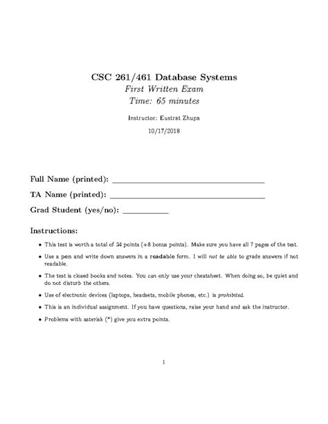 Exam 1 Midterm 1 Csc 261 461 Database Systems First Written Exam Time 65 Minutes Instructor