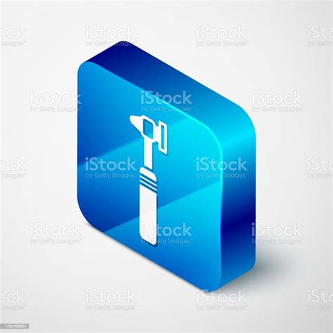 회색 배경에 격리 된 등소 의료 이스코프 도구 아이콘 의료 기기 파란색 정사각형 버튼 벡터 일러스트레이션 3차원 형태에 대한