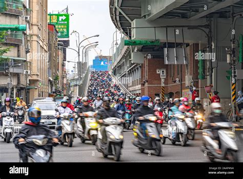 Scooter Waterfall In Taipei Taiwan Traffic Jam Crowded Of Motorcycles
