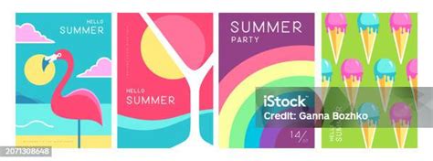 여름 속성을 가진 화려한 여름 포스터 세트입니다 칵테일 코스모 폴리탄 실루엣 플라밍고 아이스크림 무지개 벡터 일러스트 레이 션 여름에 대한 스톡 벡터 아트 및 기타 이미지