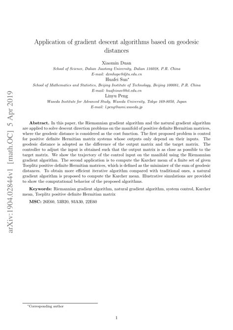 pdf application of gradient descent algorithms based on geodesic