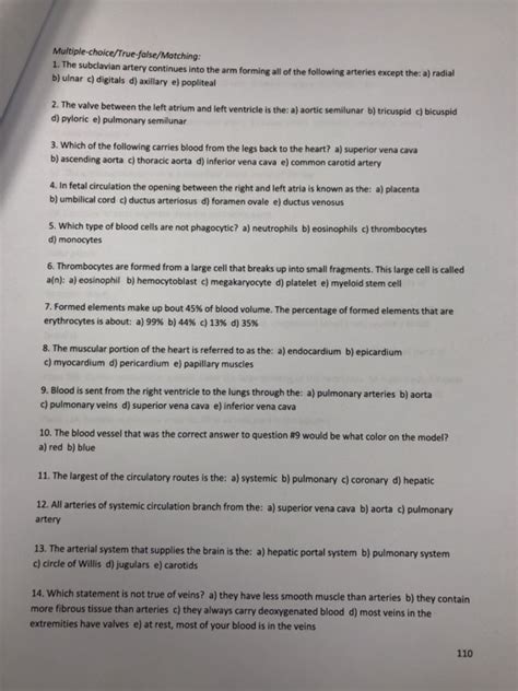 Solved Multiple Choice True False Matching 1 The Subclavian Chegg