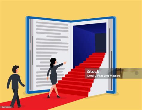 전문적인 성장 및 경력 개발 비즈니스 여성과 남자가 열린 책에 발을 들여 놓았습니다 문에 대한 스톡 벡터 아트 및 기타 이미지
