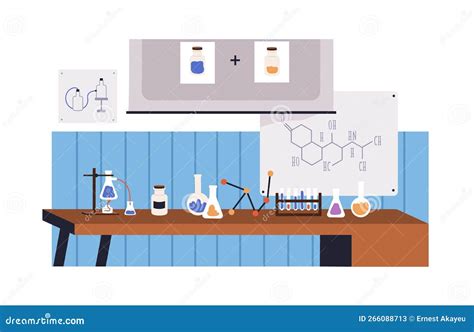 Chemistry Classroom School Lab With Glass Tubes Equipment On Desk
