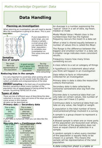 Data Handling Cycle Knowledge Organiser Teaching Resources