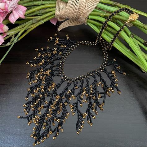 Vintage Jewelry Vintage Black Gold Seed Bead Fringe Tassel Crochet