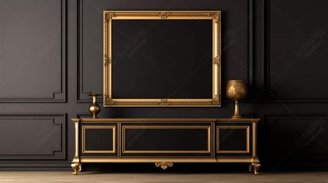 눈에 띄는 배경에 빈 프레임이 있는 고급스러운 검정색과 금색 캐비닛의 놀라운 3d 렌더링 흰색 거실 배경 금색 배경 놀라 배경 이미지 Hd 흰색 거실 금색 놀라
