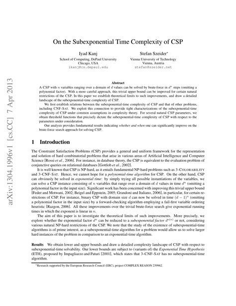 pdf on the subexponential time complexity of csp