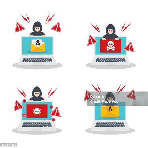 해커 랩톱 컴퓨터의 맬웨어 알림 기밀 데이터 개인 정보 및 신용 카드 세부 정보를 훔치는 랩톱 컴퓨터를 가진 해커 해킹 개념입니다 개성 개념에 대한 스톡 벡터 아트 및 기타