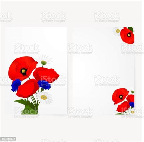Kartu Template Dengan Chamomile Bunga Jagung Dan Poppy Bunga Merah