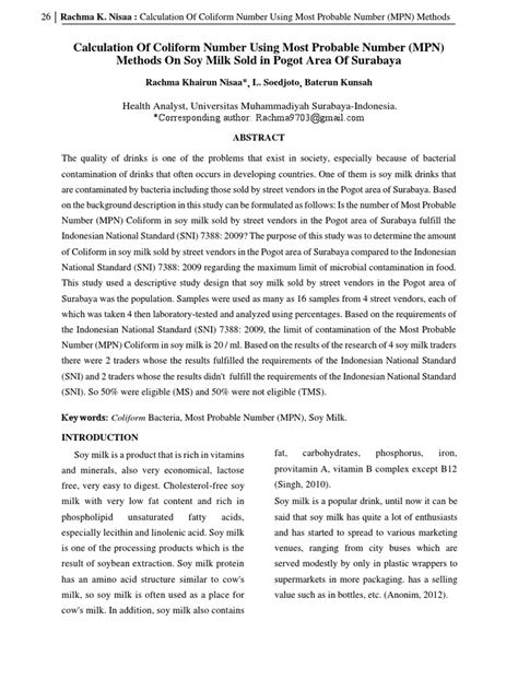 Calculation Of Coliform Number Using Most Probable Number Mpn Methods