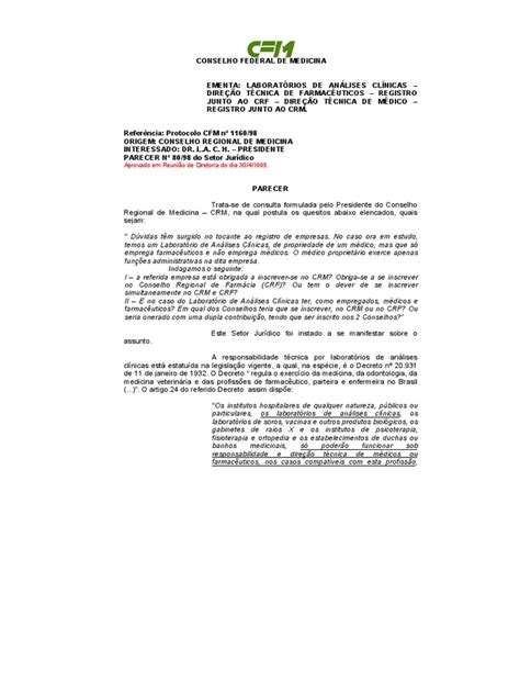 Parecer Crm Analises Clinicas Pdf Remédio Farmácia