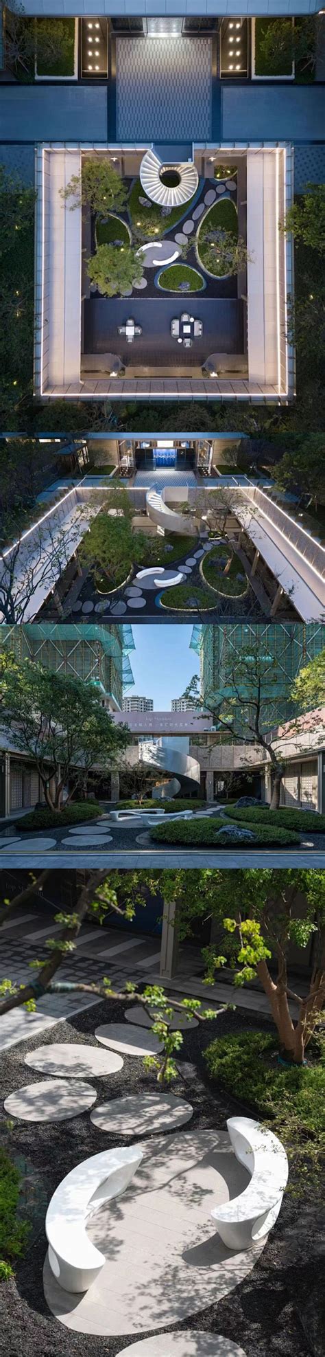 常州保利 · 天汇 下沉庭院：地上地下双落客大堂给住户一种意想不到的惊喜，格调简洁大气且不乏典雅气质， 5米高的旋转楼梯从大堂地上穿到庭院地下