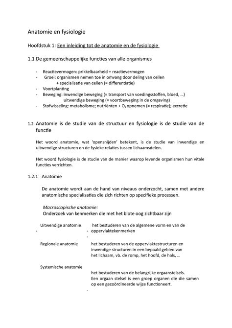 Hoofdstuk 1 Een Inleiding Tot De Anatomie En De Fysiologie Anatomie