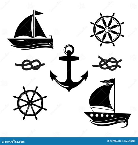 A Set Of Icons Of A Yacht A Helm A Sailboat A Rope Stock Vector