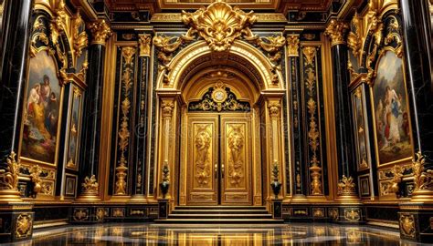 Grand Gold Palace Doors Opulent Black Marble Entryway Stock