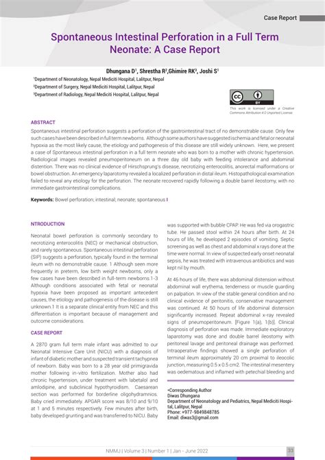 Pdf Spontaneous Intestinal Perforation In A Full Term Neonate A Case