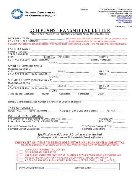 Georgia United States Dch Plans Transmittal Letter Download Fillable Pdf Templateroller