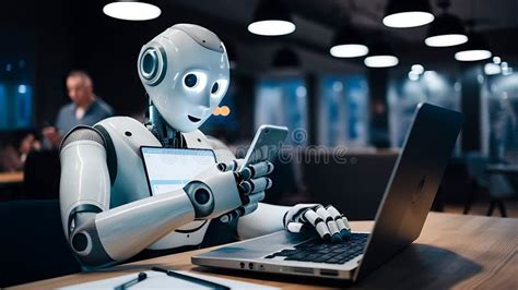 A Humanoid Robot Sits At A Desk Typing On A Laptop Stock Illustration