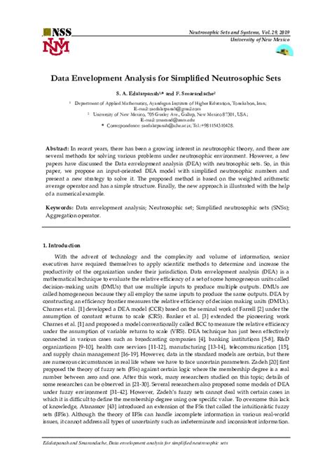 Pdf Data Envelopment Analysis For Simplified Neutrosophic Sets