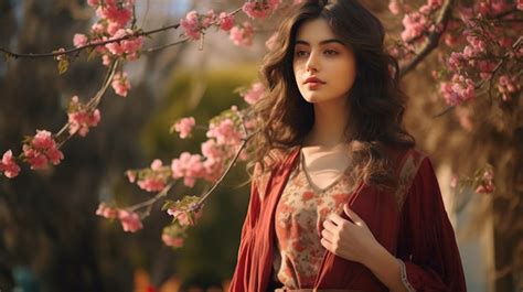 Premium Photo Woman Standing In Front Of Tree With Pink Flowers